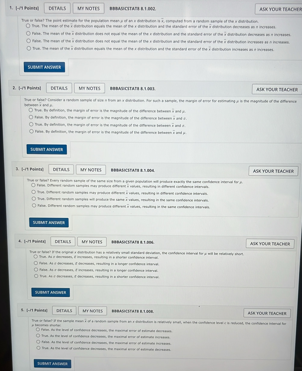 Solved: DETAILS MY NOTES BBBASICSTAT8 8.1.002. ASK YOUR TEACHER True or ...