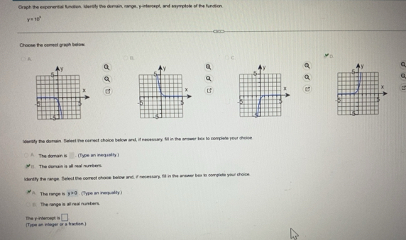 Solved: Graph the exponential function. Identify the domain, range, y ...