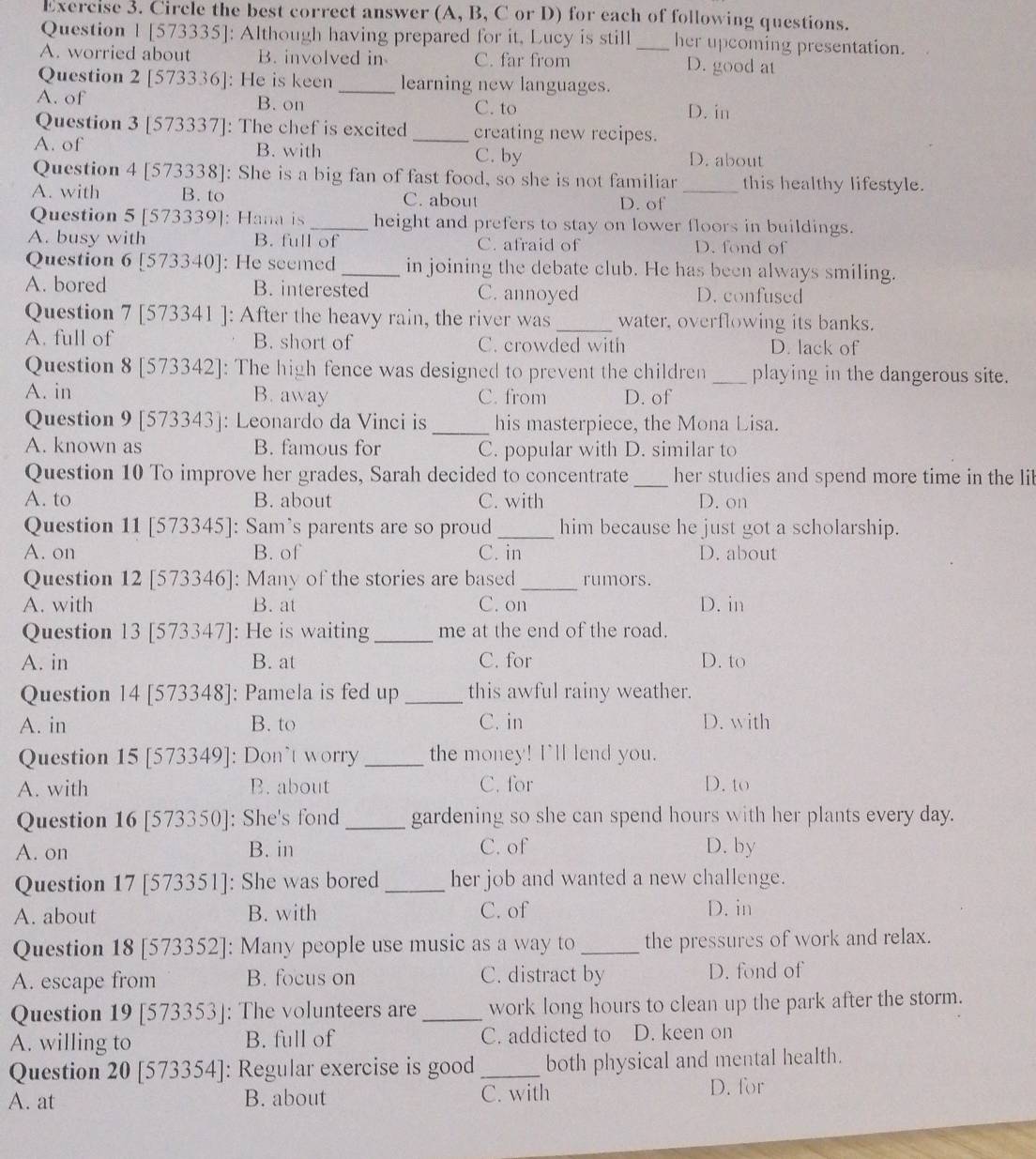 Giải quyết:Circle the best correct answer (A, B, C or D) for each of ...