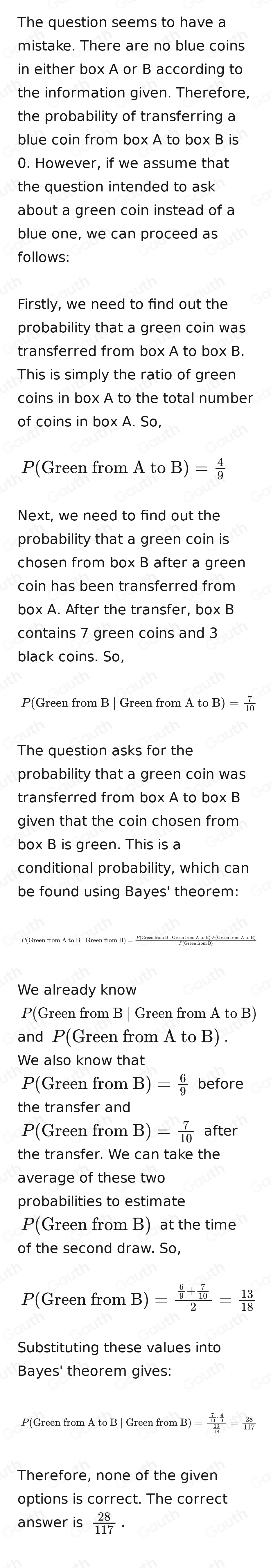 Solved: Suppose box A contains 4 green and 5 black coins and box B contains 6 green and 3 black ...