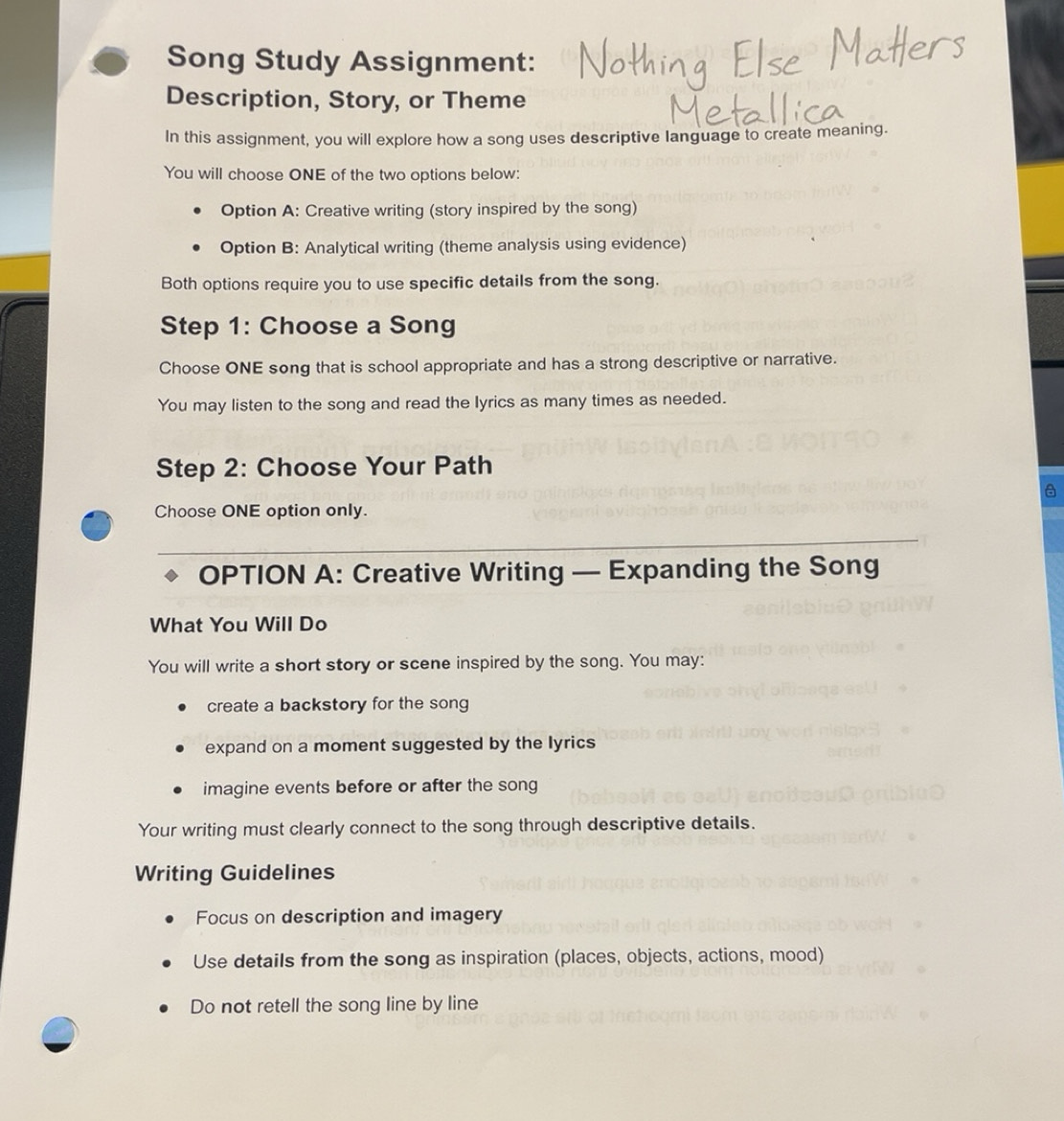 Solved: Song Study Assignment: Description, Story, or Theme In this ...