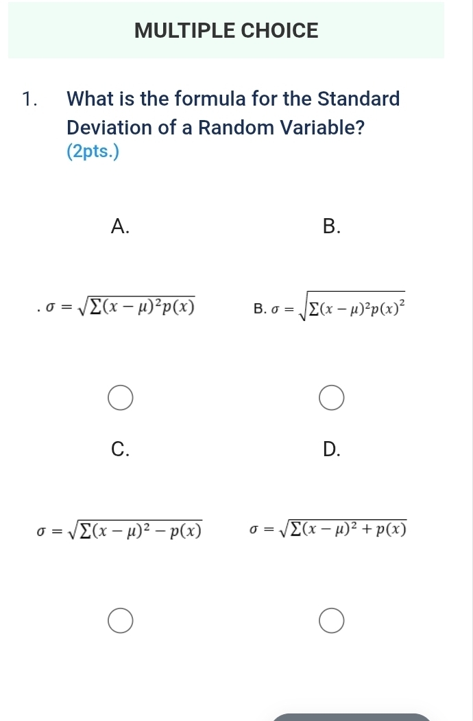 Solved: What is the formula for the Standard Deviation of a Random ...