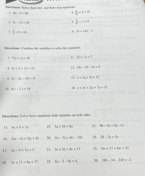 Solved: Directions: Solve these two- and three-step equations. 1. 8a-4=60 4. w/12 +8=30 2. 9z-12 ...