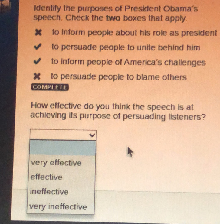 Solved: Identify the purposes of President Obama's speech. Check the ...