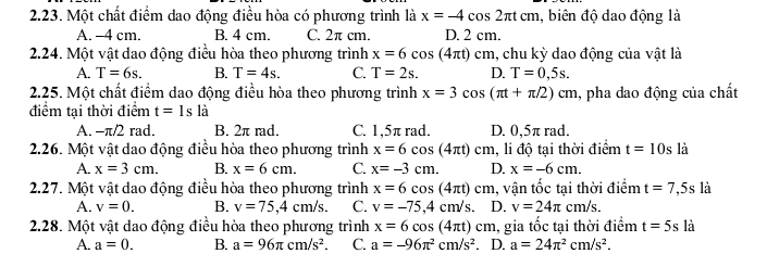 Giải quyết:Một chất điểm dao động điều hòa có phương trình là x=-4cos ...