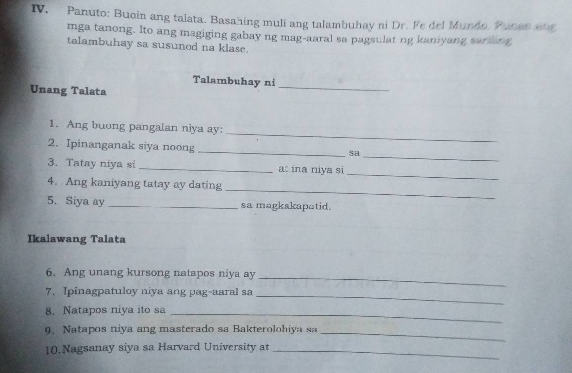 Solved: Panuto: Buoin ang talata. Basahing muli ang talambuhay ni Dr. Fe del Mundo, Yuran ad mga ...