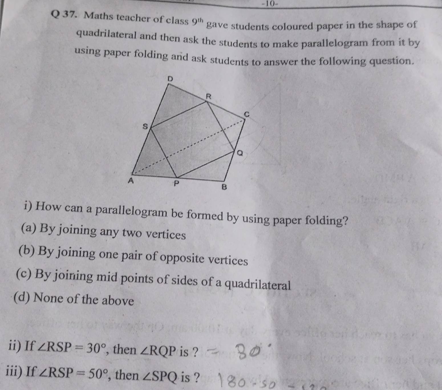 Solved: 10- Q 37. Maths teacher of class 9^(th) gave students coloured ...