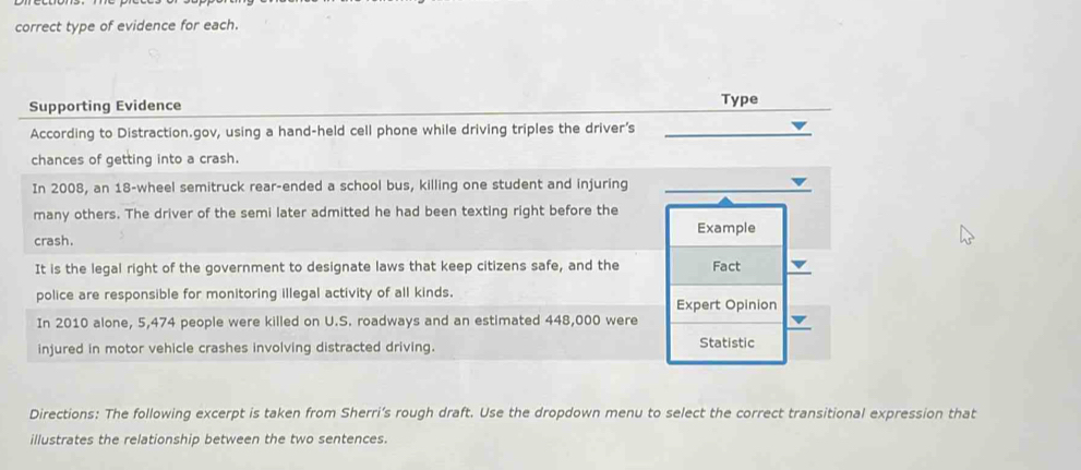 Solved: correct type of evidence for each. Directions: The following ...