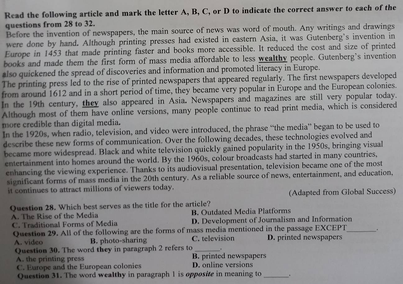 Giải quyết:Read the following article and mark the letter A, B, C, or D ...