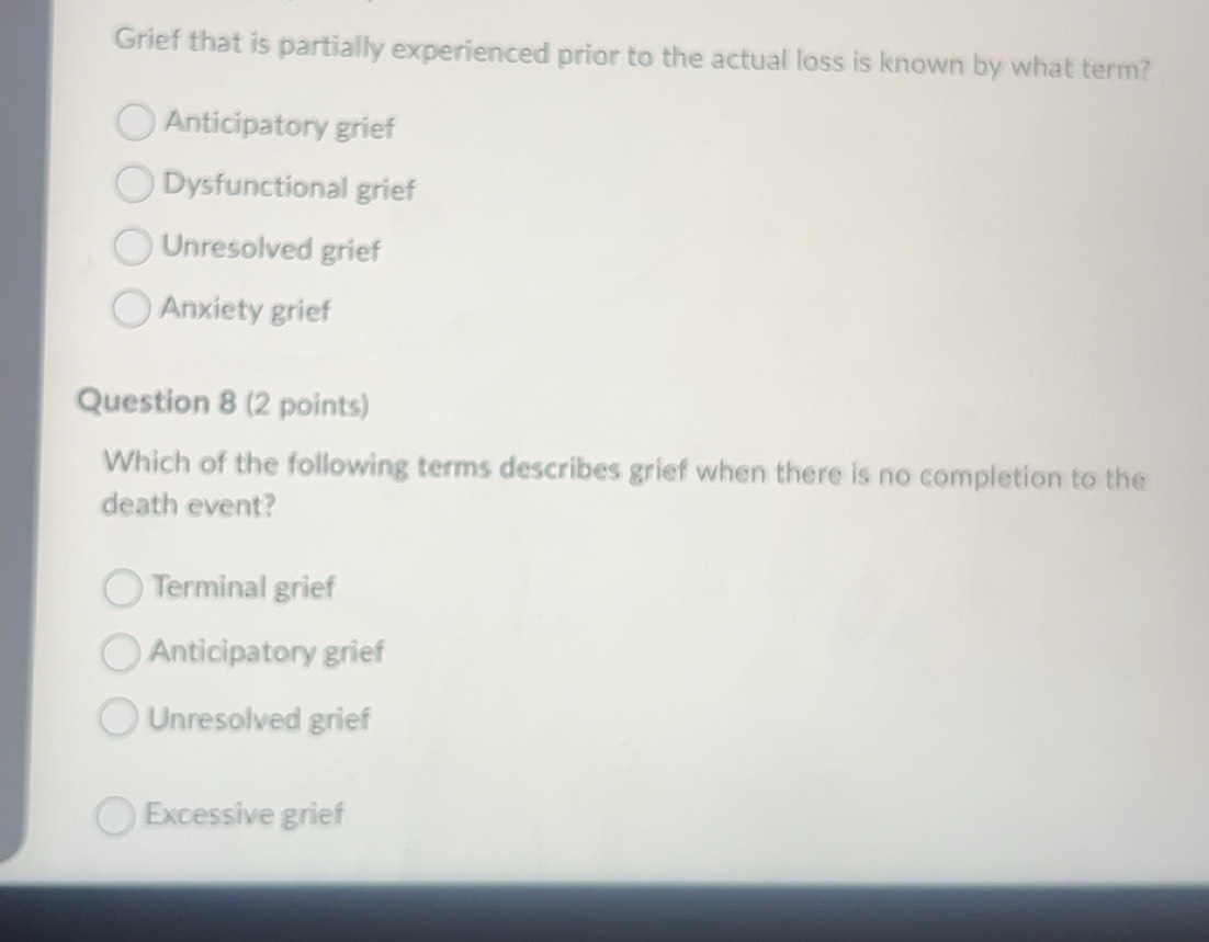 Solved: Grief that is partially experienced prior to the actual loss is ...