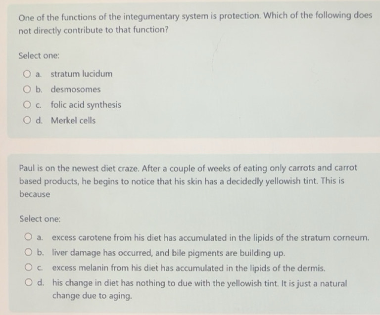 Solved: One of the functions of the integumentary system is protection ...