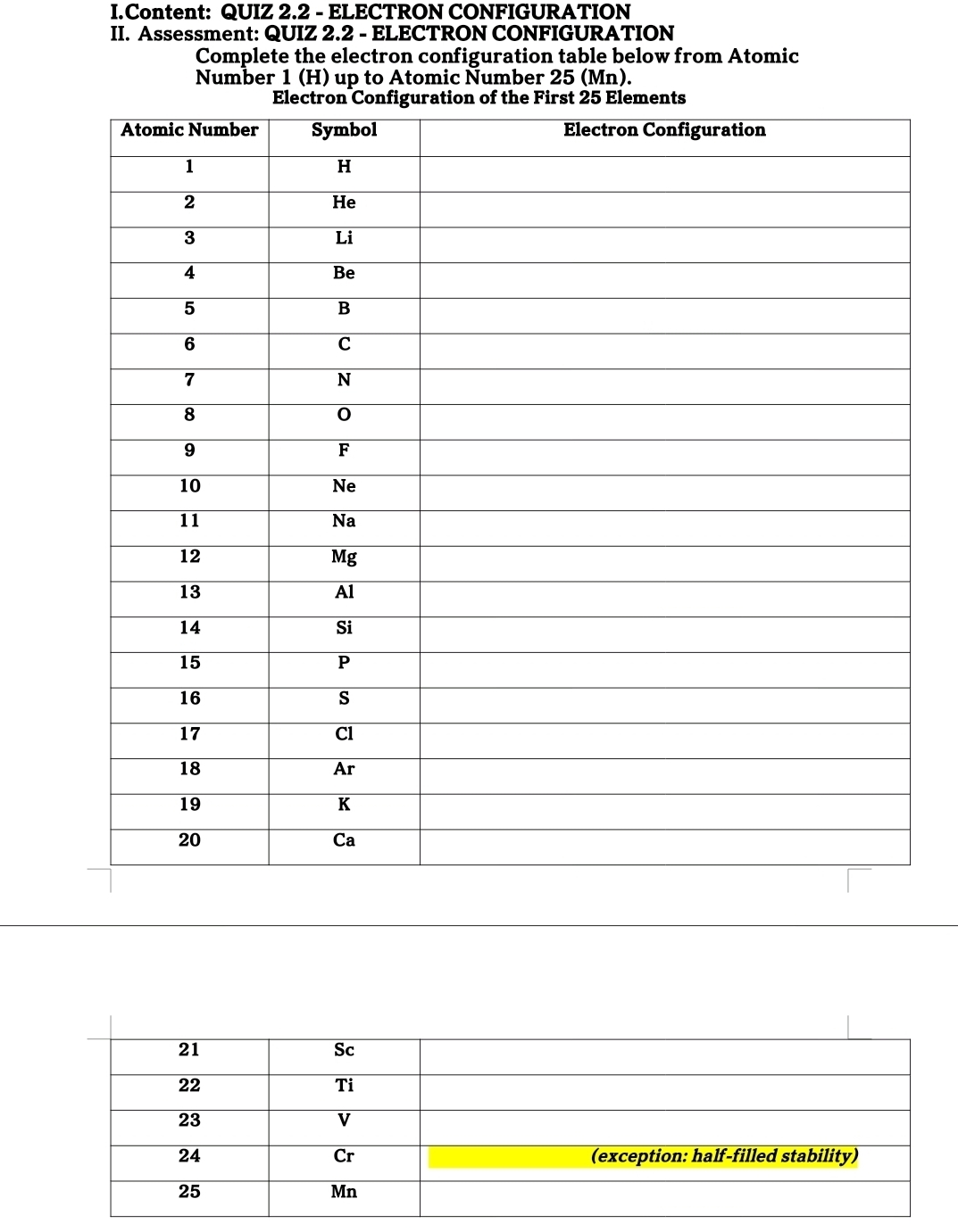 Solved: Content: QUIZ 2.2 - ELECTRON CONFIGURATION II. Assessment: QUIZ ...