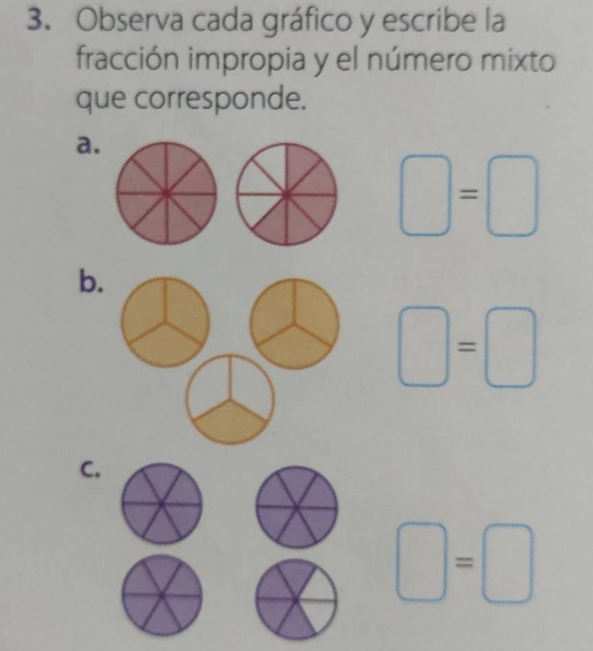 Resuelto:Observa cada gráfico y escribe la fracción impropia y el ...