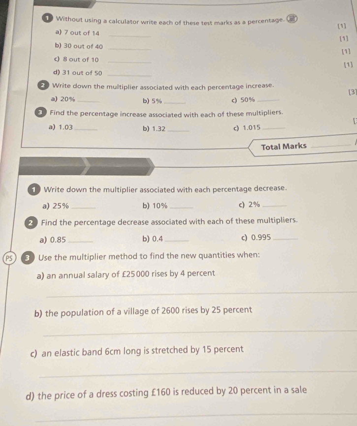 Solved: Without using a calculator write each of these test marks as a ...