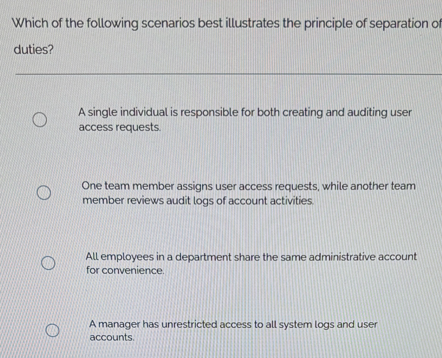 Solved Which Of The Following Scenarios Best Illustrates The Principle Of Separation Of Duties