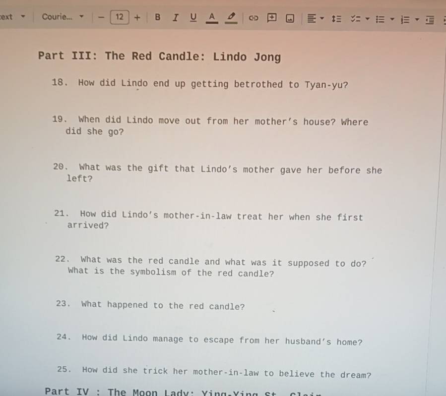 Solved: text Courie... -「12 + B I U A 8 - + Part III: The Red Candle ...