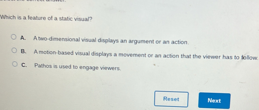 Solved: Which is a feature of a static visual? A. A two-dimensional ...