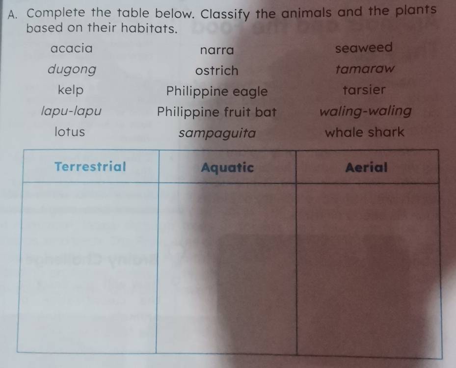 Solved: Complete the table below. Classify the animals and the plants based on their habitats. a ...