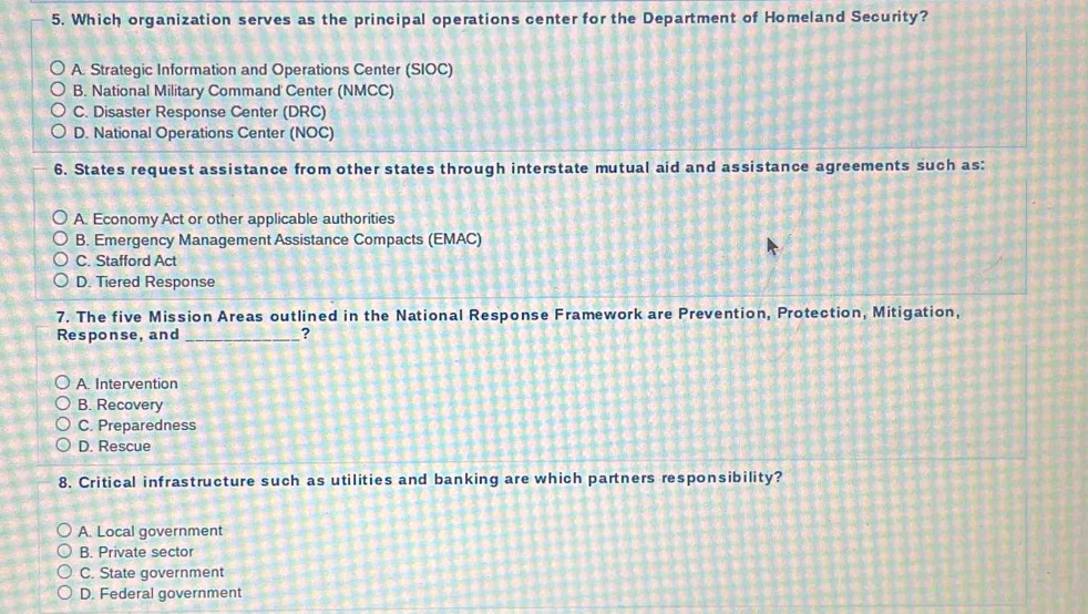 Solved: Which organization serves as the principal operations center ...